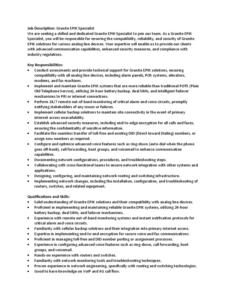 Job Description(Granite EPIK) | PDF | Computer Network | Internet