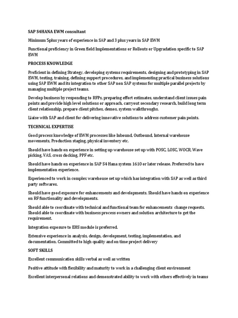 SAP S4HANA EWM Consultant Profile | PDF
