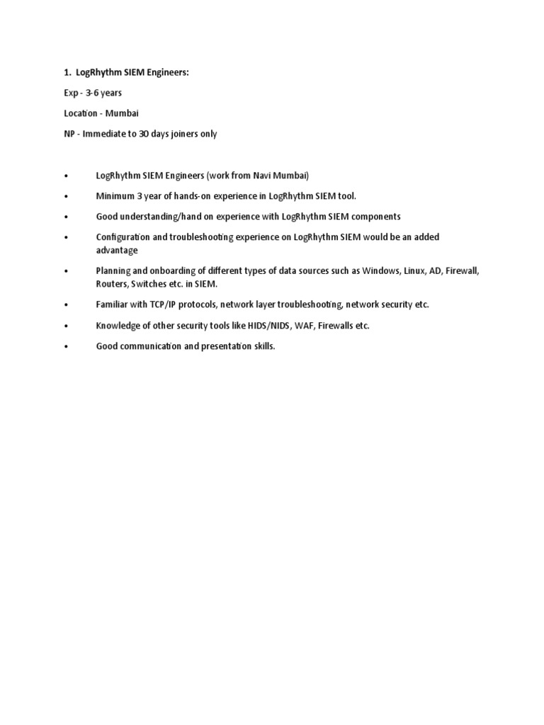 JD - SIEM Integration Engg. LogRhythm | PDF