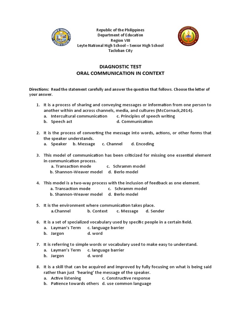 Oral Communication Diagnostic Test | PDF | Communication | Human ...