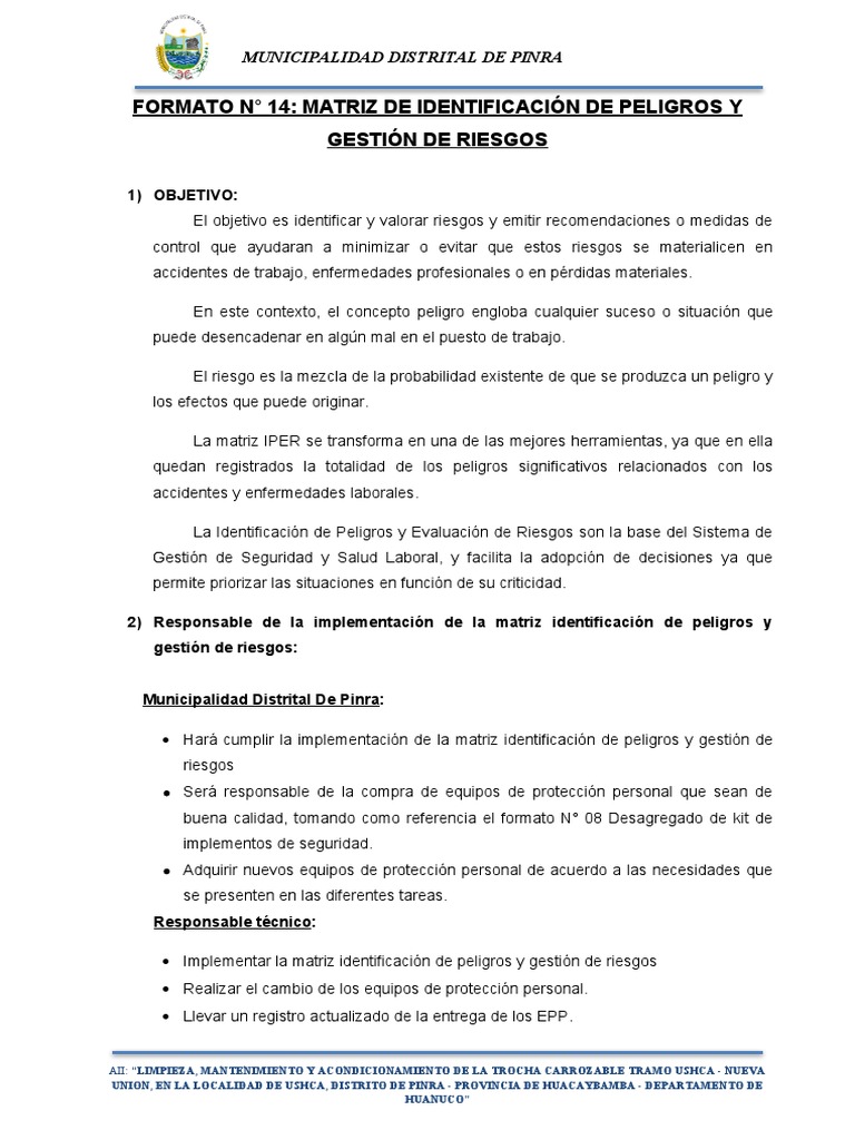 Formato N°14 Matriz de Identificación de Peligros y Gestión de Riesgos ...