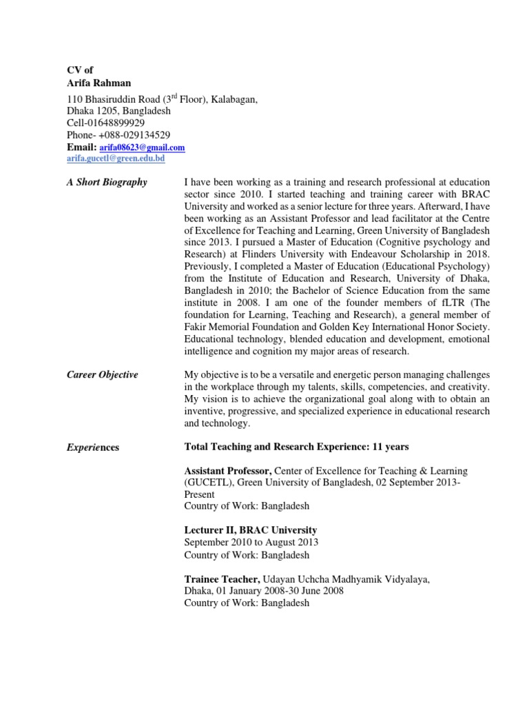 Arifa Rahmans CV | PDF | Educational Technology | Teachers