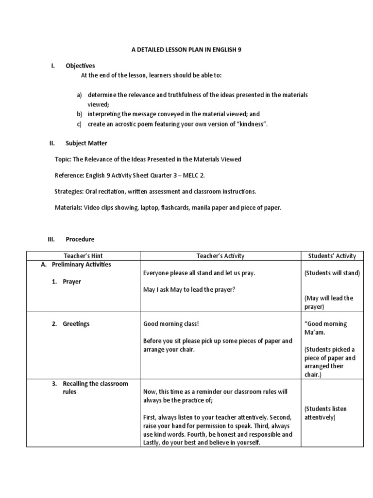 English 9 Lesson Plan on Kindness | PDF | Lesson Plan | Poetry