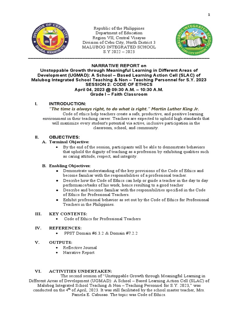 Slac 2 2022-2023 Narrative Report | PDF | Teachers | Learning
