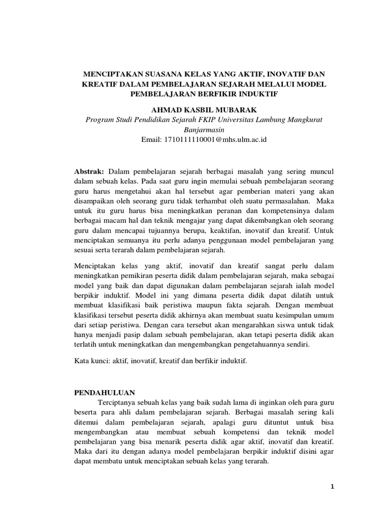 Menciptakan Suasana Kelas Yang Aktif, Inovatif Dan Kreatif Dalam Pembelajaran Sejarah Melalui ...