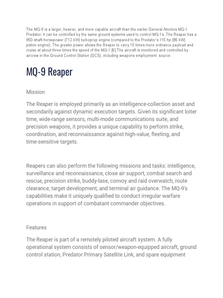 MQ-9 Reaper | PDF | General Atomics Mq 1 Predator | Military Technology