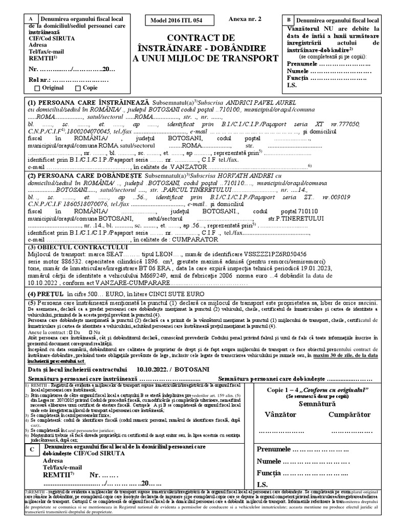 Contract de Instrainare-Dobandire A Unui Mijloc de Transport | PDF