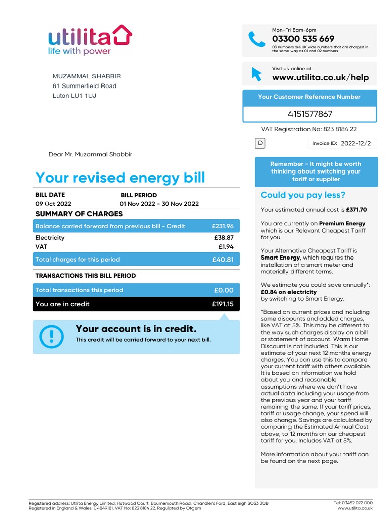 Utilita Bill | PDF | Cheque | Debit Card