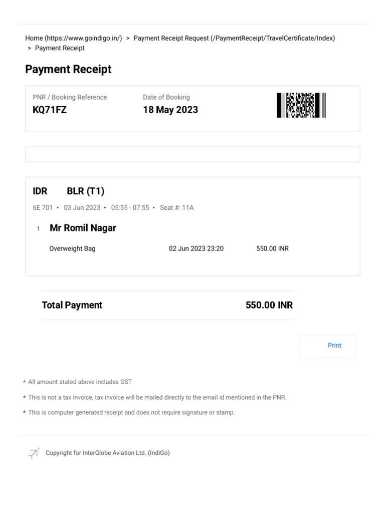 IndiGo Payment Receipt for Extra Baggage | PDF