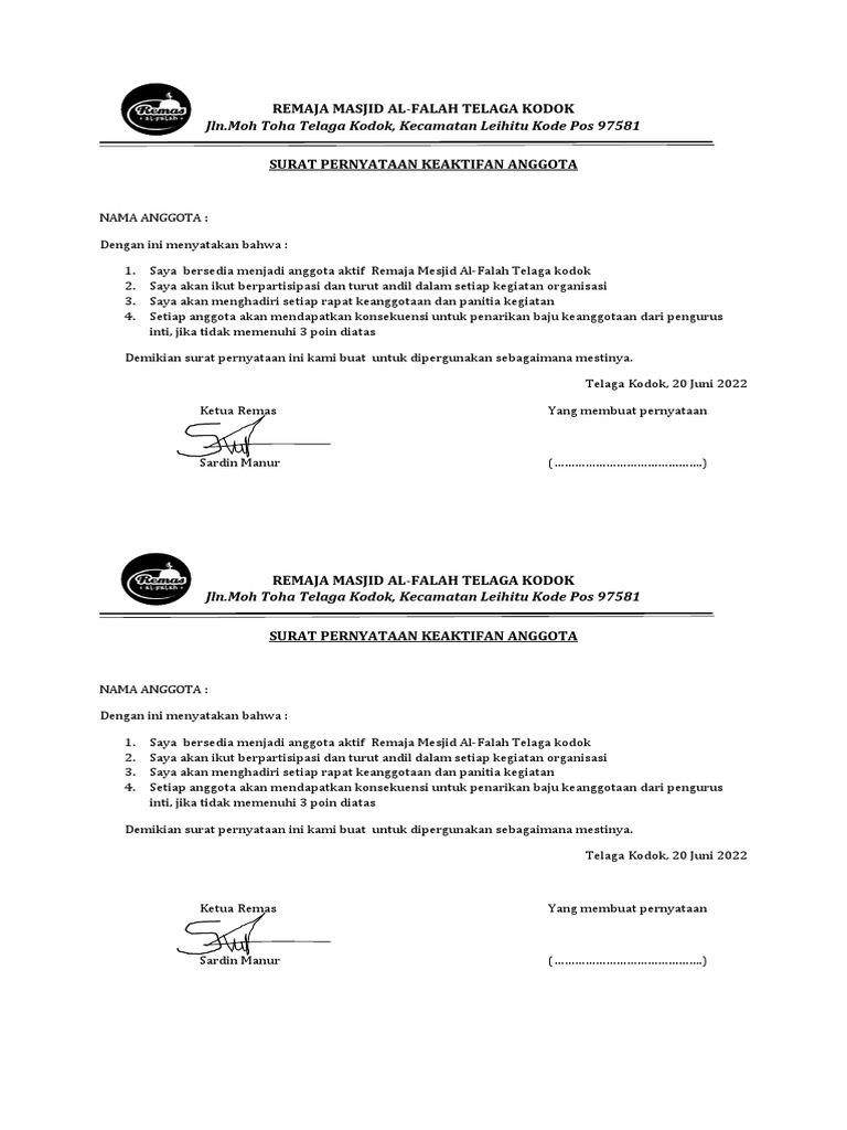 Surat Pernyataan Remas. | PDF