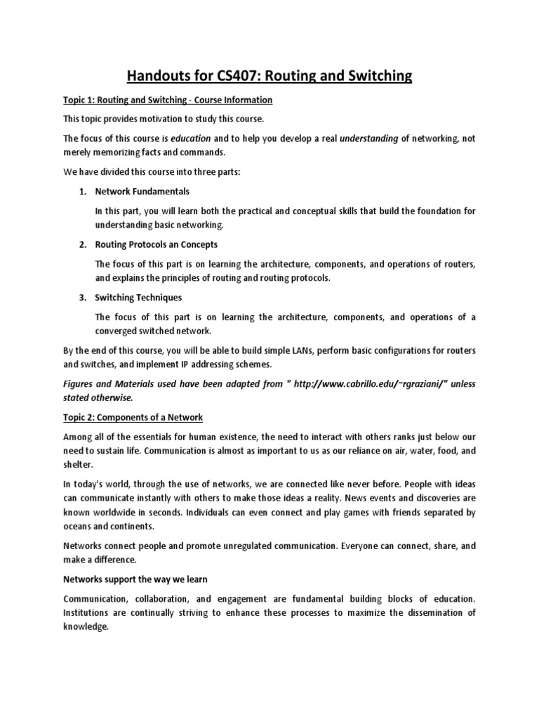 Handout CS407 - Routing and Switching | PDF | Computer Network | Internet Protocol Suite