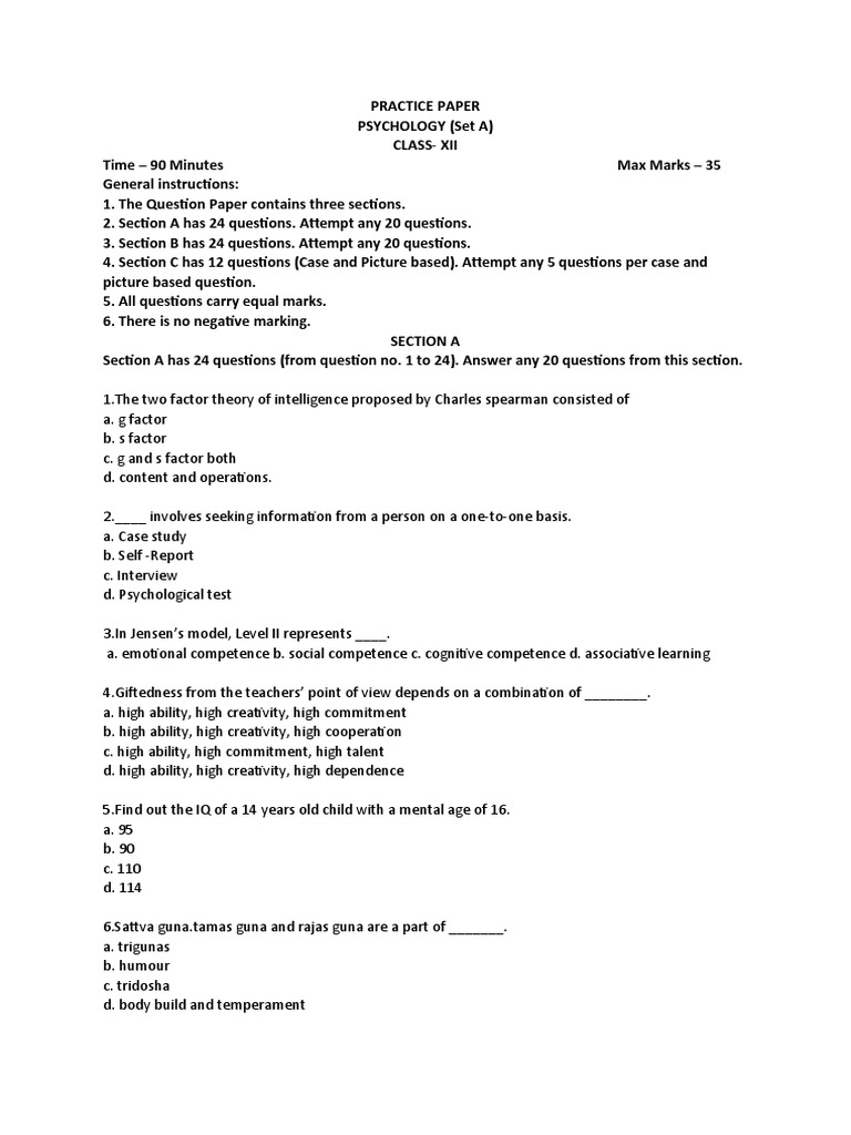 BSc Psychology Practice Paper Set A | PDF | Stress (Biology ...