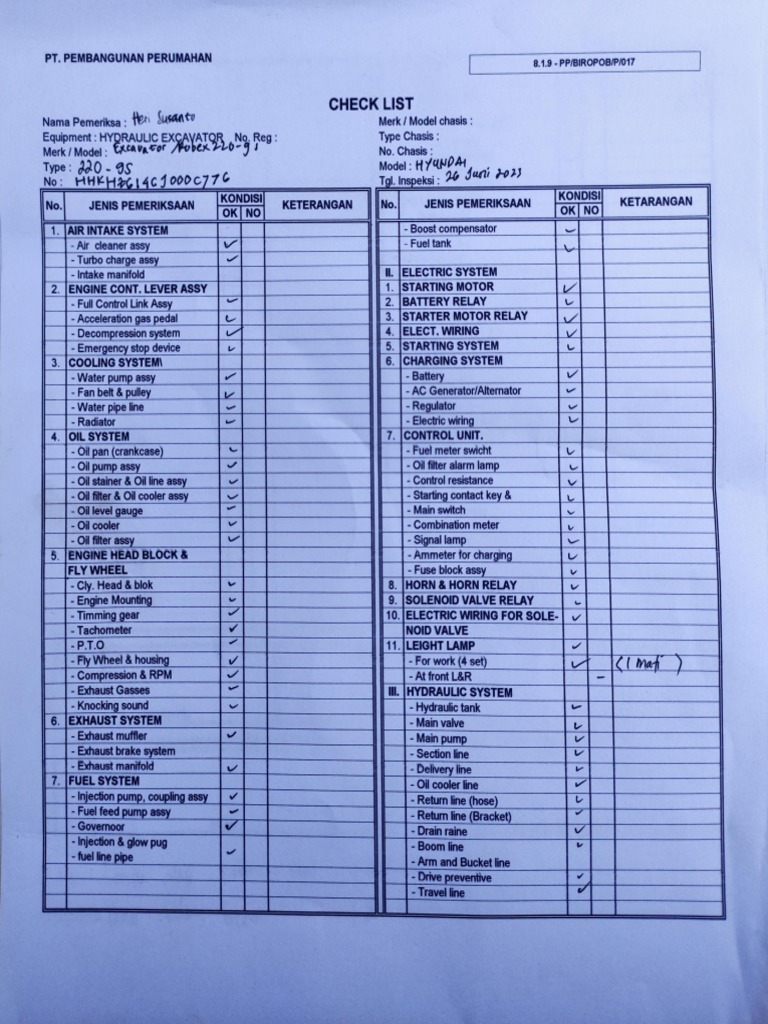 Checklist Alat Exca Hyundai Sumitomo (Pamindo) | PDF | Vehicle Parts ...
