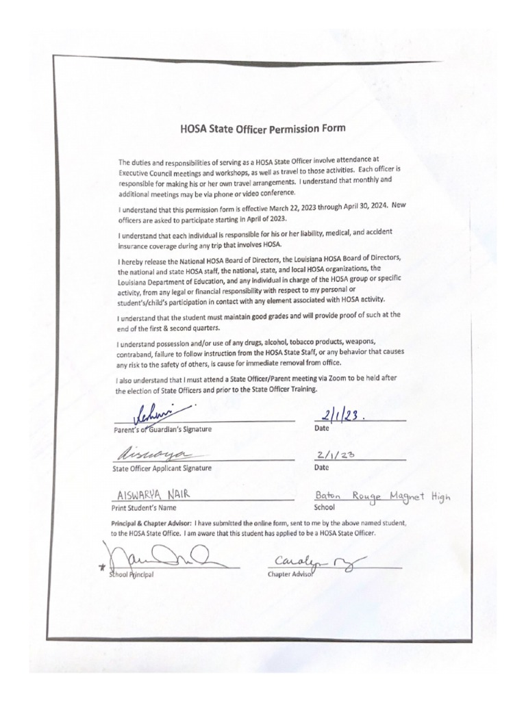 HOSA State Officer Permission Form | PDF