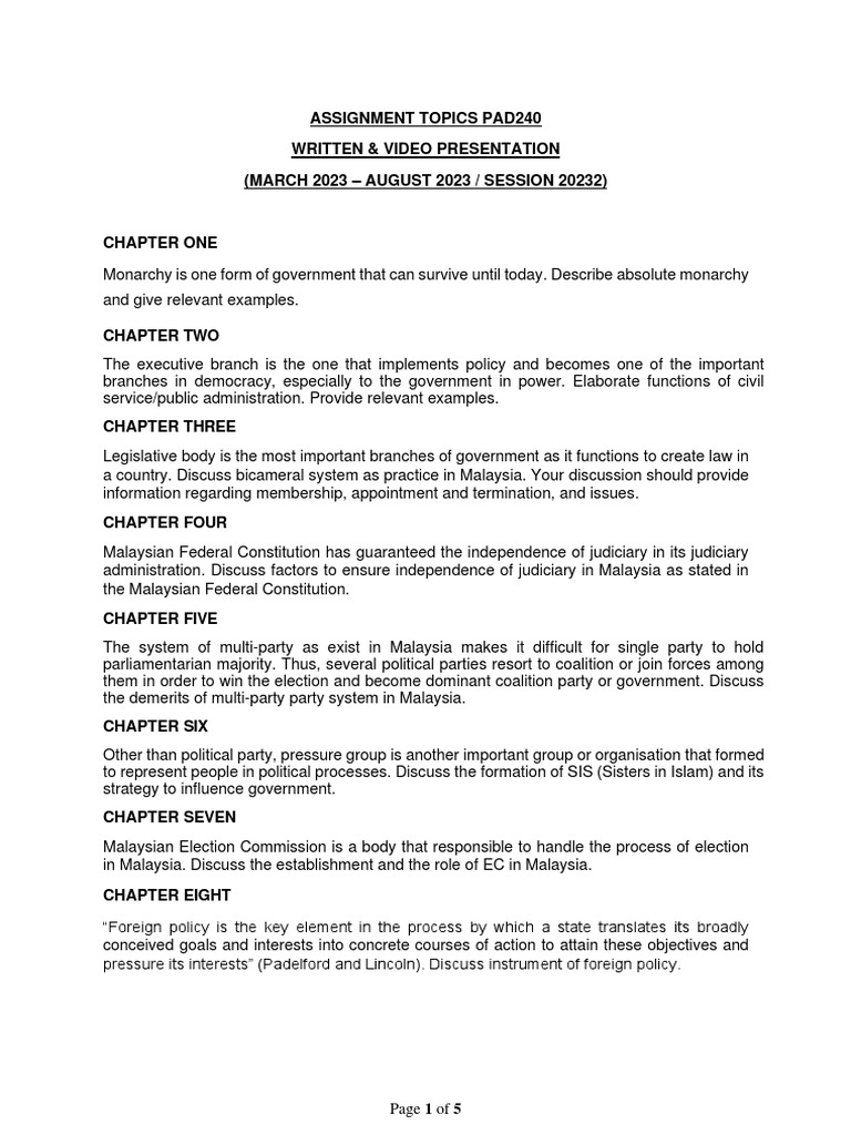 PAD240 - Assignment Topics | PDF | Malaysia | Separation Of Powers