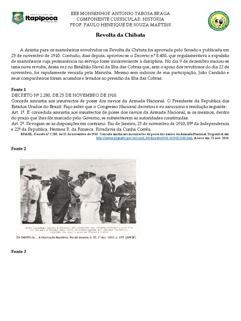 Atividade Revolta Da Chibata | PDF | Brasil