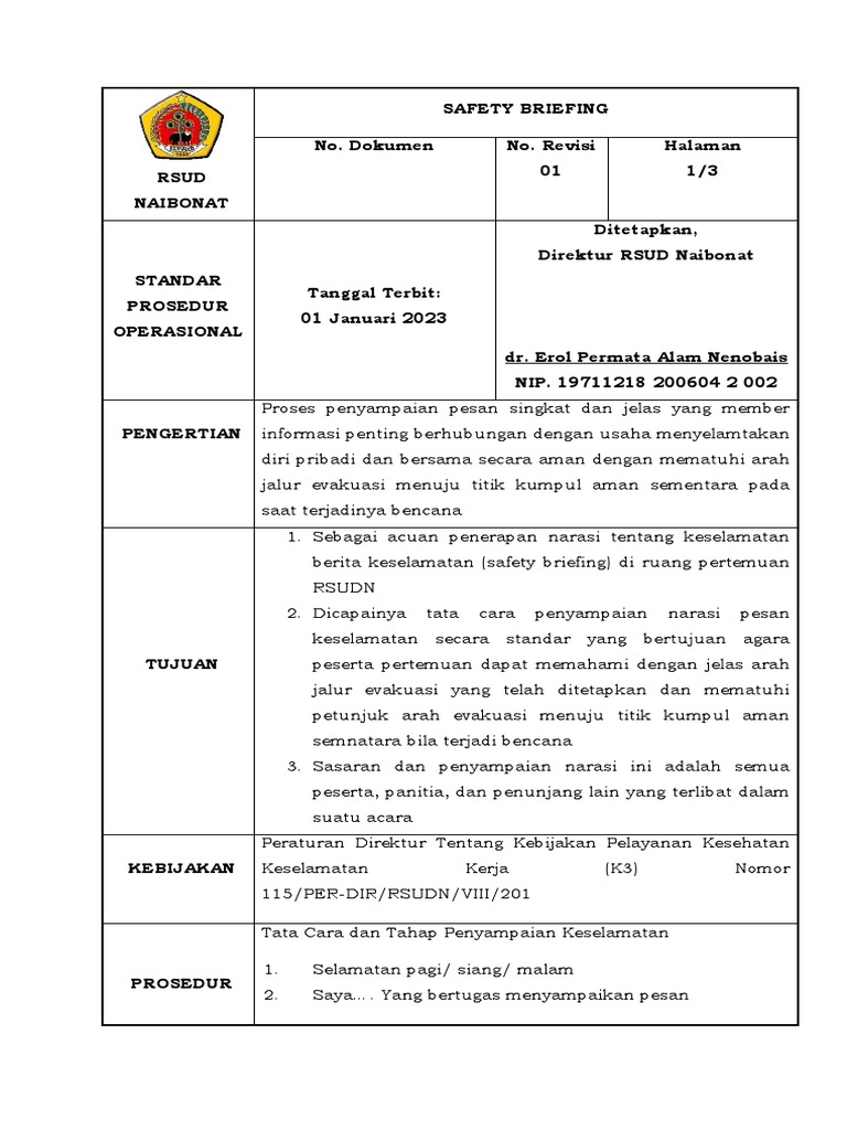 Prosedur Safety Briefing RSUD Naibonat | PDF