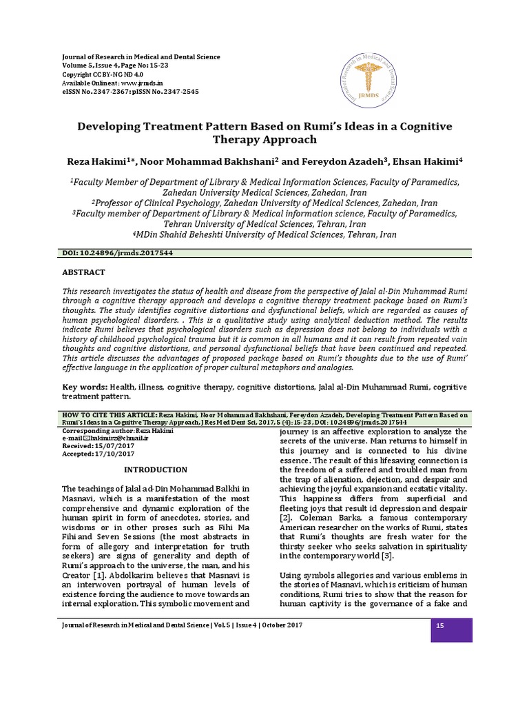 Developing Treatment Pattern Based On Rumi's Ideas in A Cognitive ...