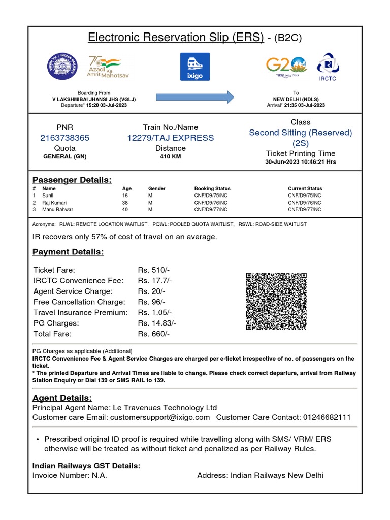 Electronic Reservation Slip (ERS) : 2163738365 12279/TAJ EXPRESS Second ...