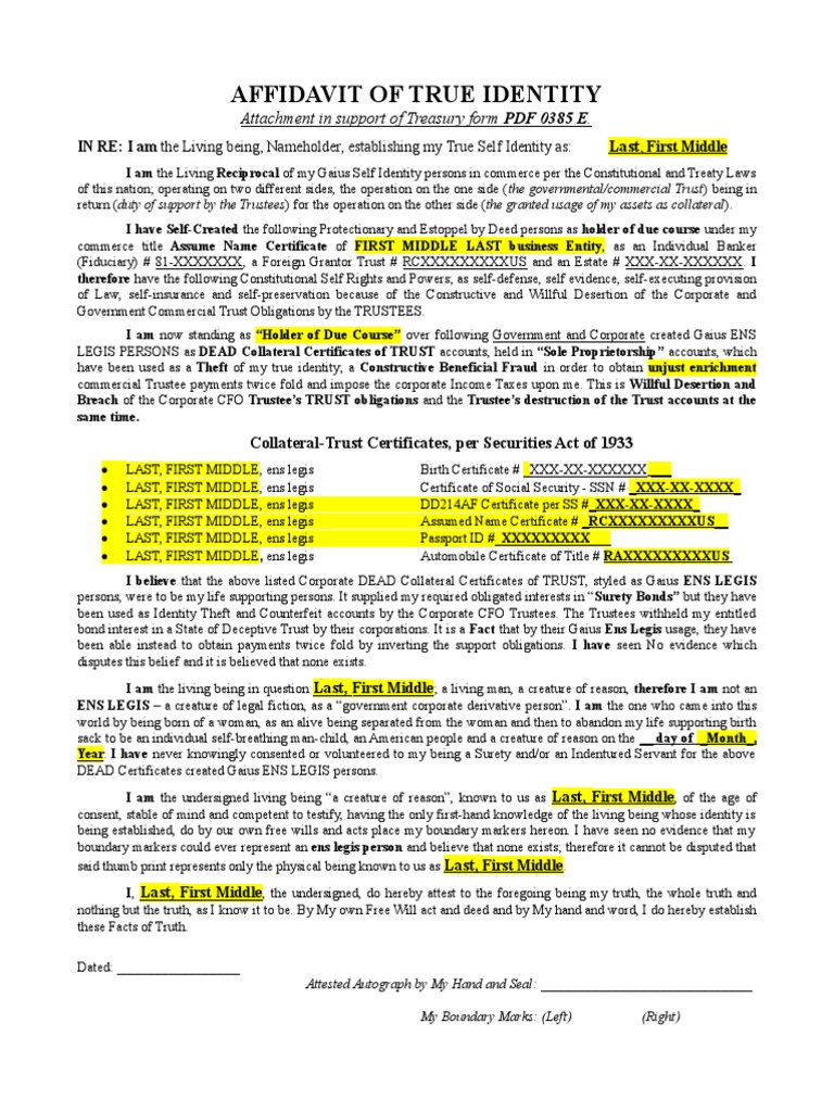 Affidavit of True Identity | PDF | Trust Law | Trustee