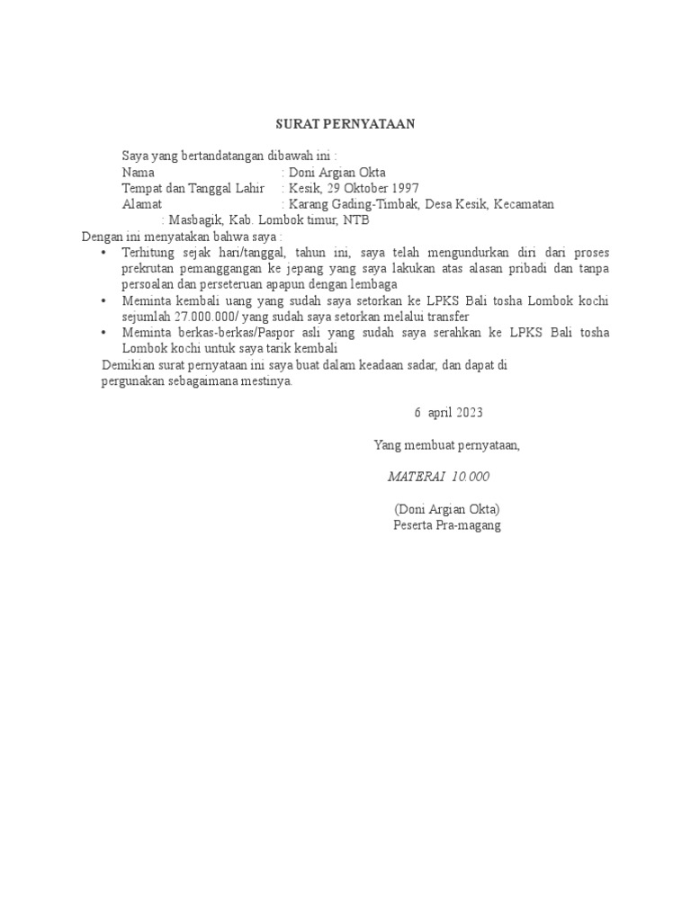 SURAT PERNYATAAN 1 Doni-Kochi | PDF
