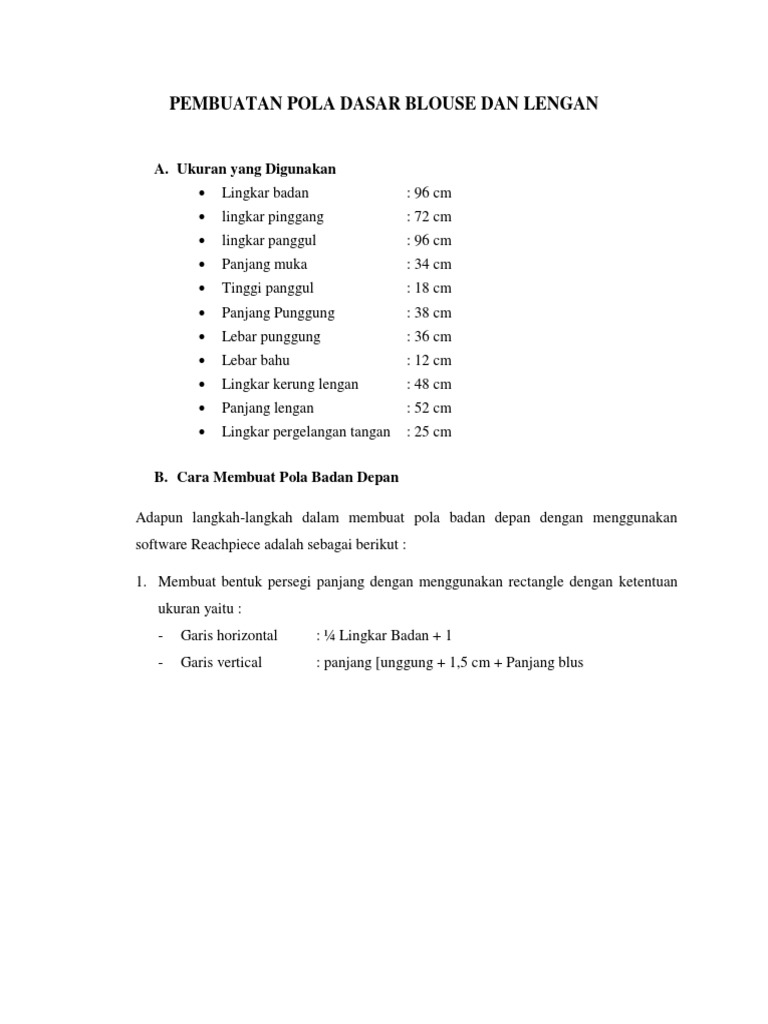 Pembuatan Pola Dasar Blouse Dan Lengan Dengan Sistem Cad Menggunakan Software Richpeace | PDF