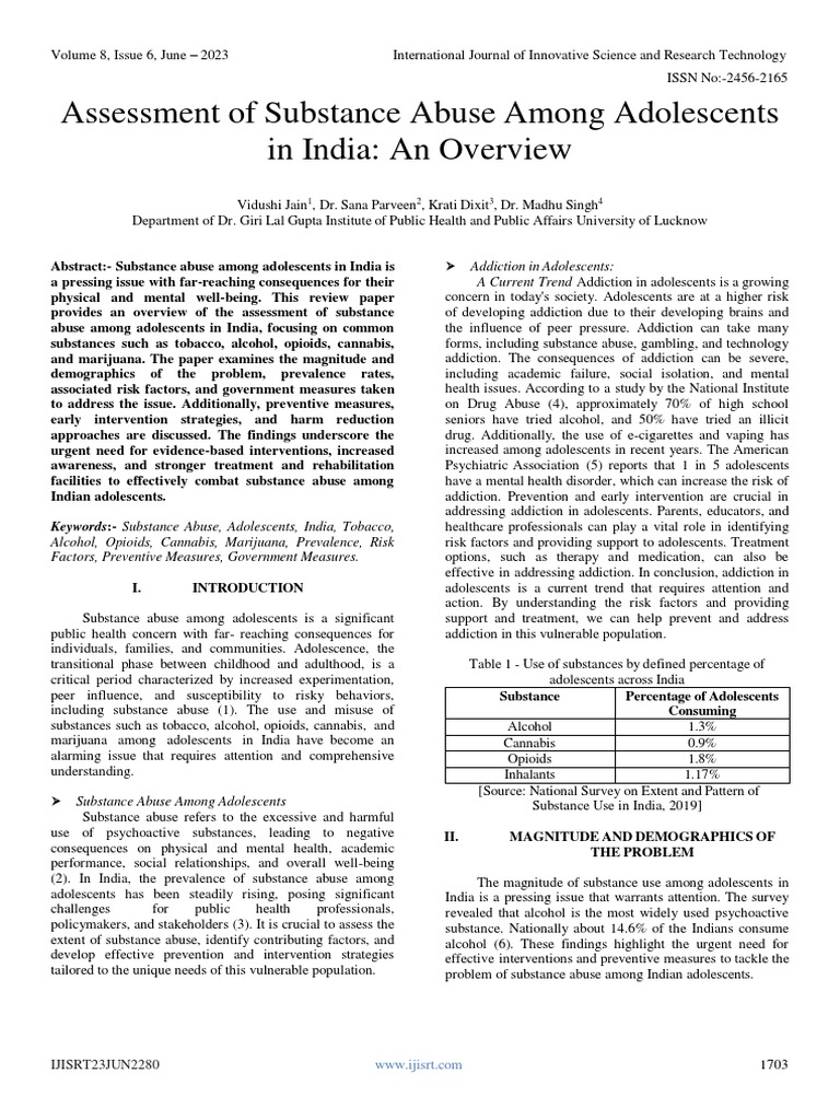 Assessment of Substance Abuse Among Adolescents in India: An Overview ...