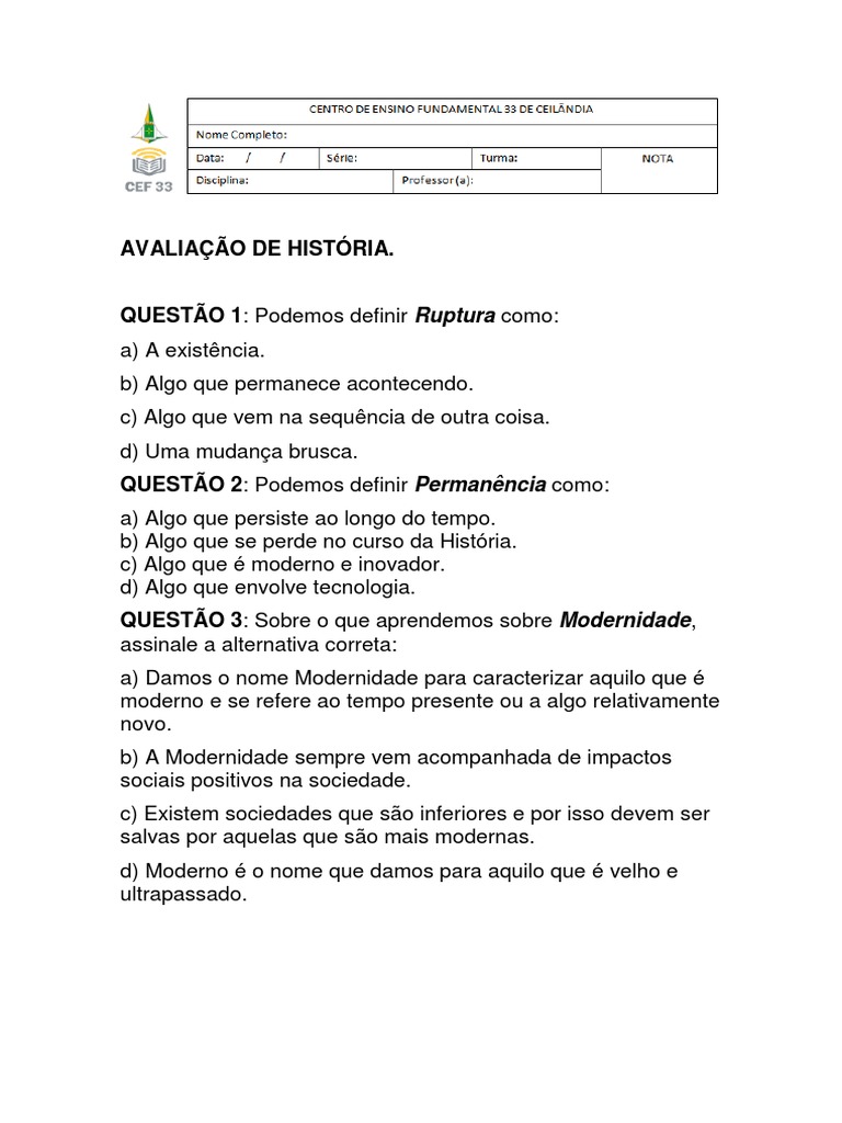 Prova Adaptada De Historia 1º Bim Pdf áfrica Modernidade