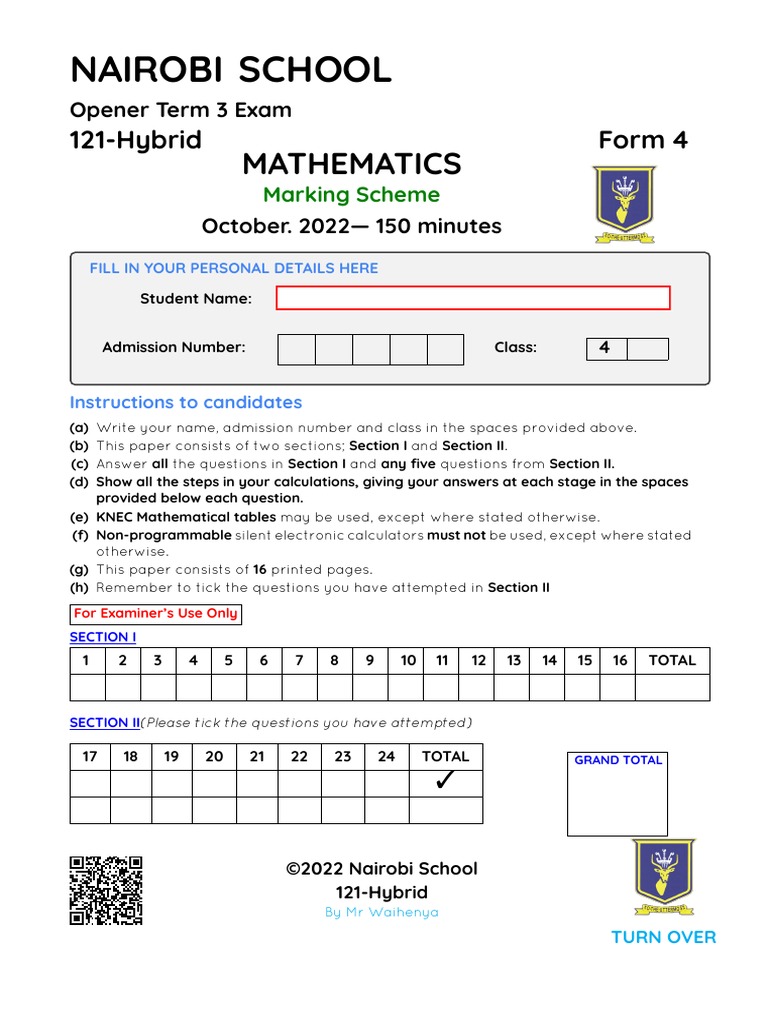 Math Pp1 Nairobi SCHL Opener t3 2022 Ms | PDF | Longitude | Mathematics