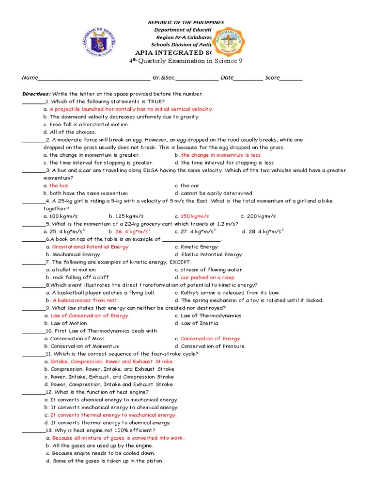 Science 9 Final Summative Test | PDF | Collision | Internal Combustion ...