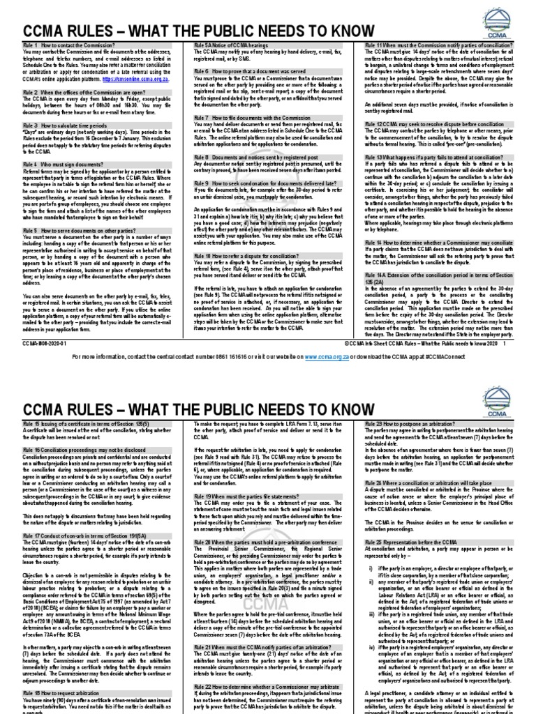 CCMA Rules Info Sheet 2020 01 | PDF | Arbitration | Labour Law