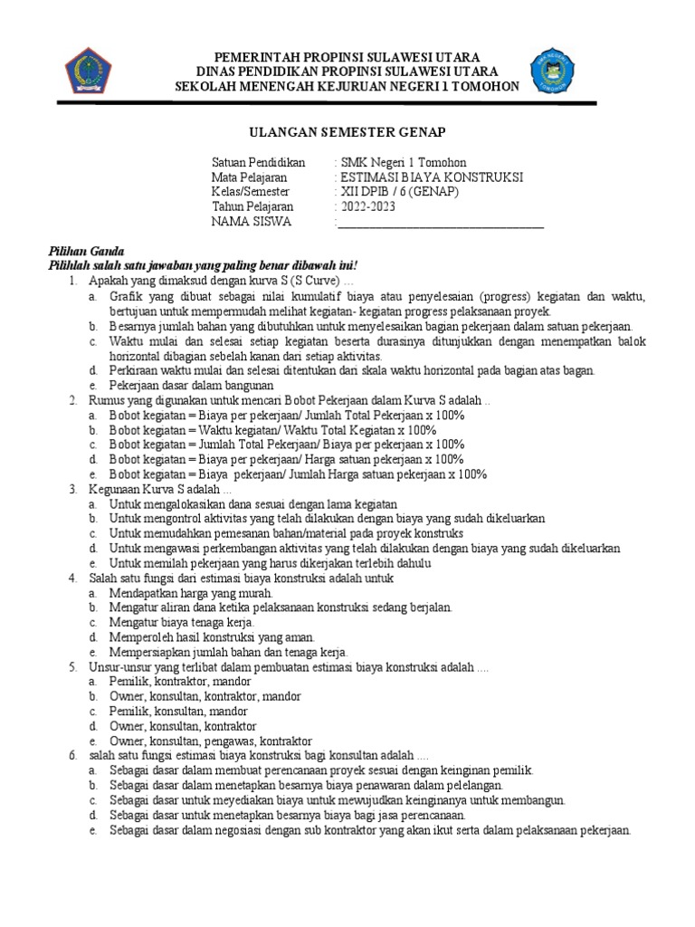 Ulangan Semster Genap EBK Kelas XII DPIB | PDF