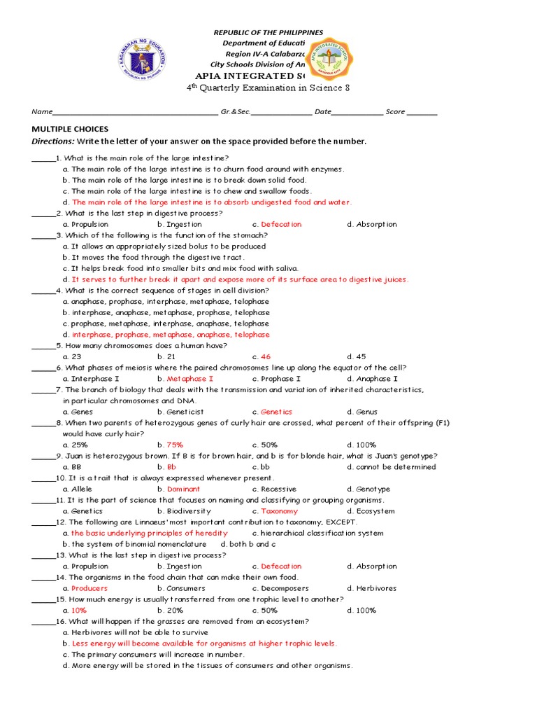 Science 8 Final Summative Test | PDF | Mitosis | Digestion