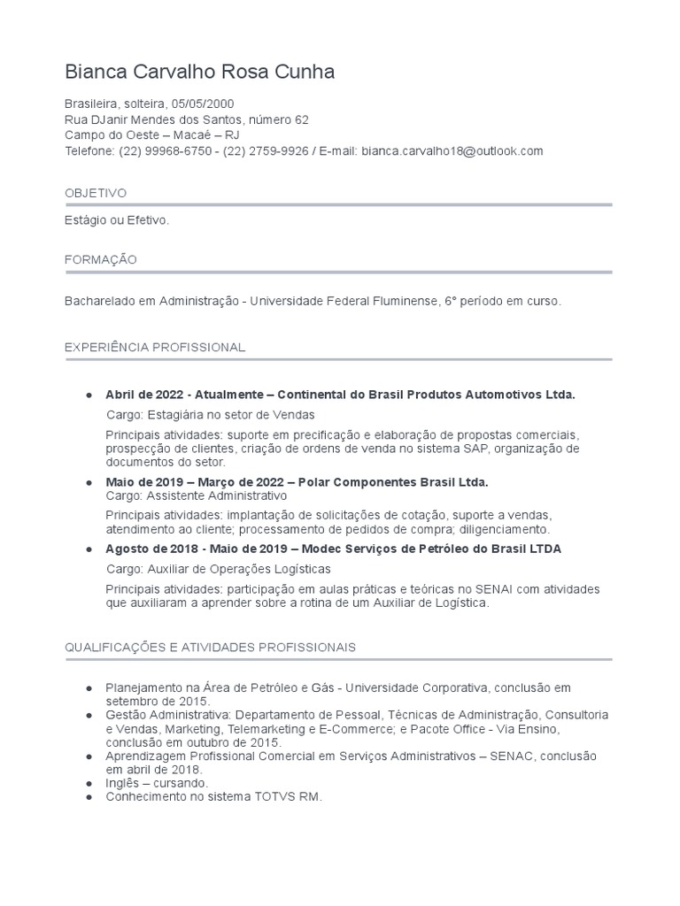 Curriculo - Bianca Cunha | PDF | Negócios