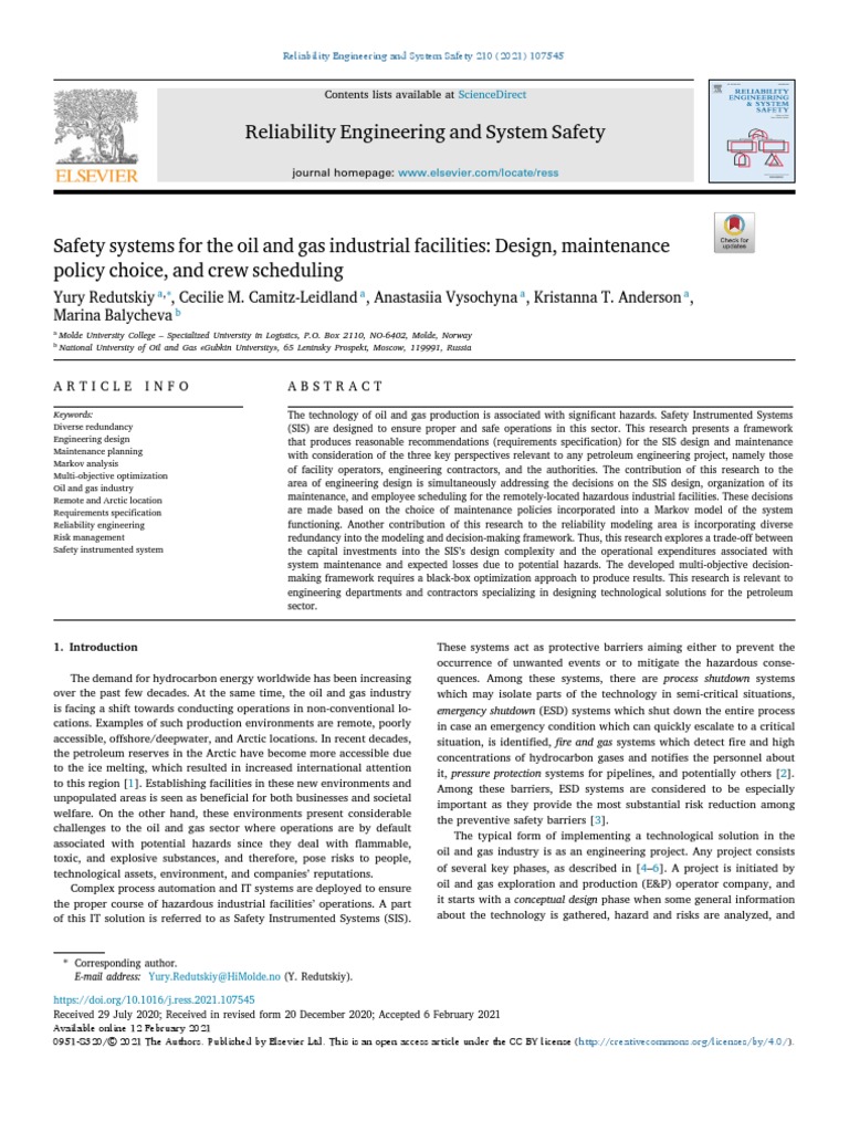 Safety Systems For The Oil and Gas Industrial Facilities - Design, Maintenance Policy Choice ...