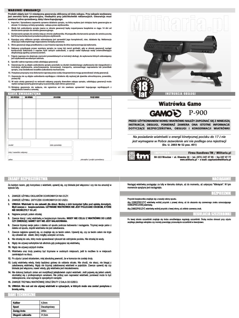 Instrukcja Wiatrowka Gamo P 900 | PDF