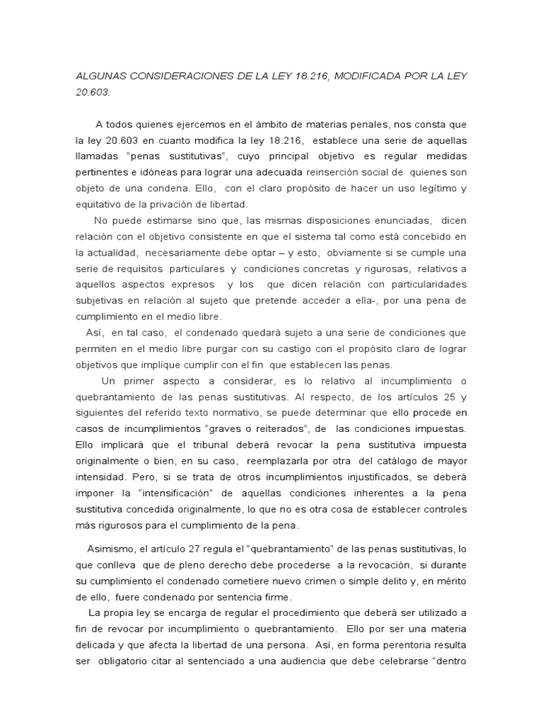 Algunas Consideraciones de La Ley 18.216, Modificada Por La Ley 20.603 ...
