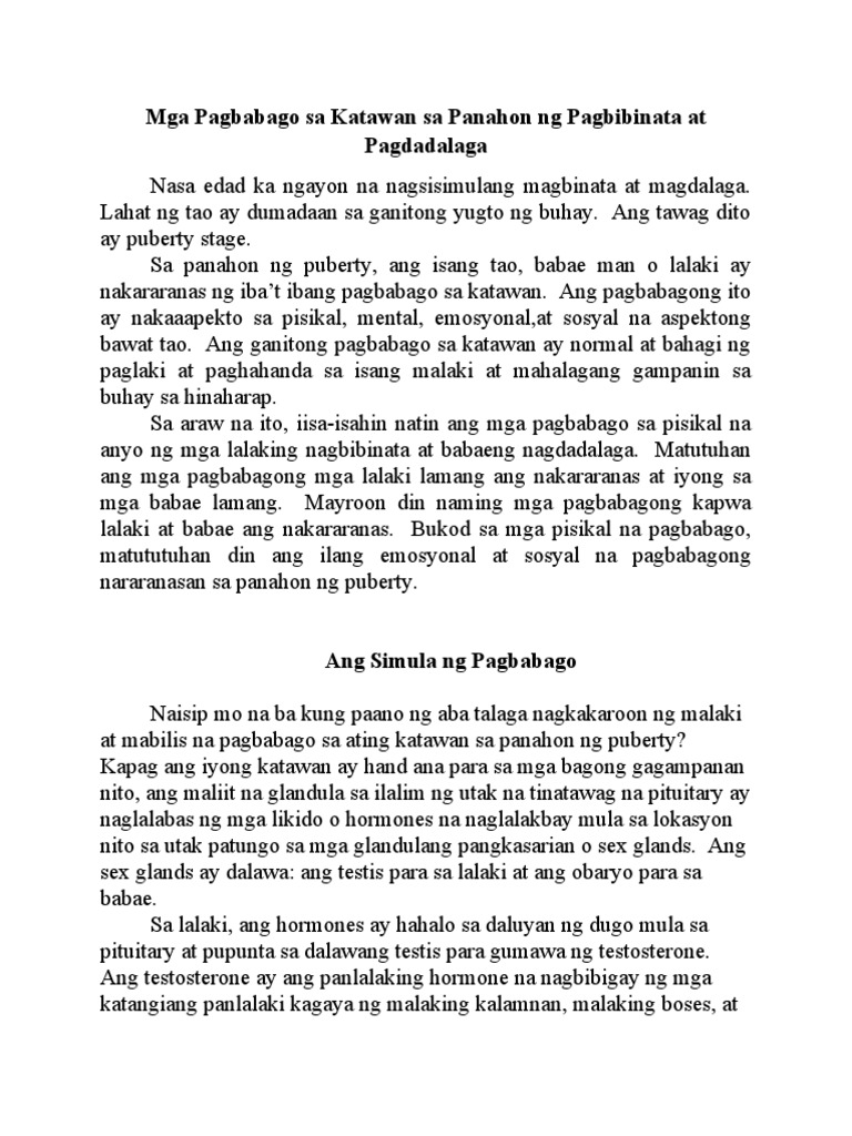Mga Pagbabago Sa Katawan Sa Panahon NG Pagbibinata at Pagdadalaga | PDF