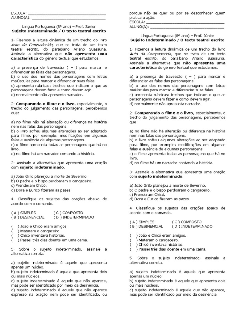 Sujeito Indeterminado e Texto Teatral | PDF | Assunto (gramática ...