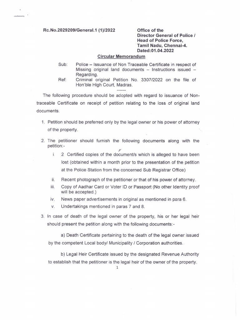 Circular Issuance of Noc of Missing Original Land Documents | PDF