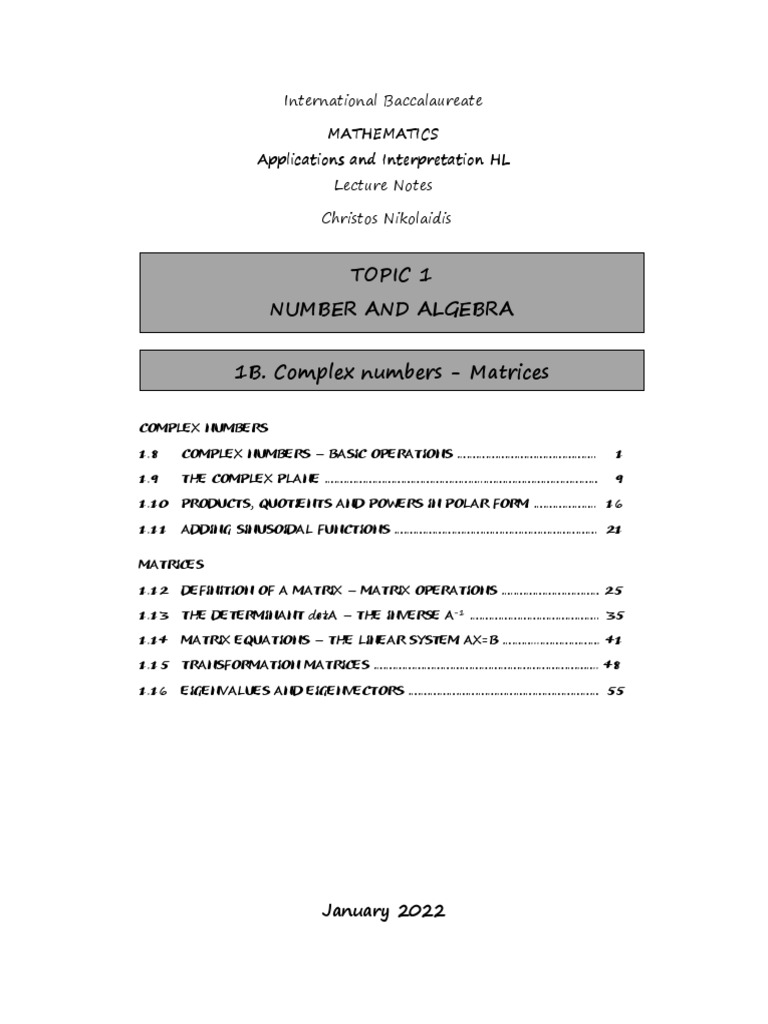 Topic 1B. Complex Numbers - Matrices | PDF | Complex Number | Matrix (Mathematics)