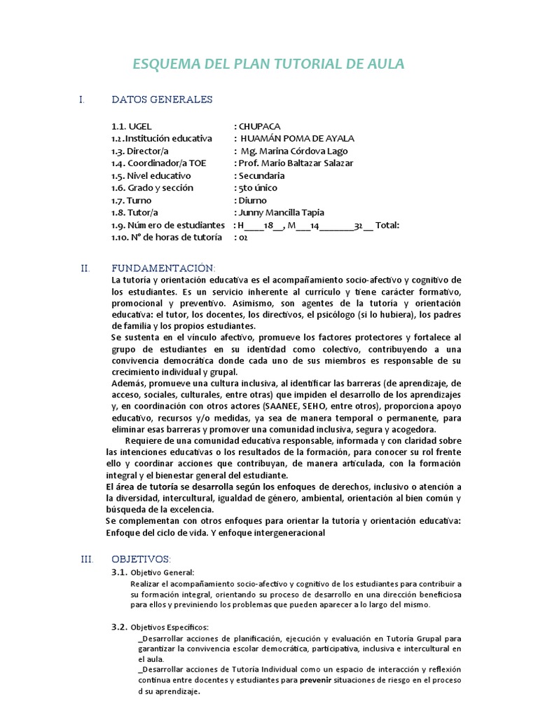 Esquema Del Plan Tutorial de Aula | Descargar gratis PDF | Salón de ...
