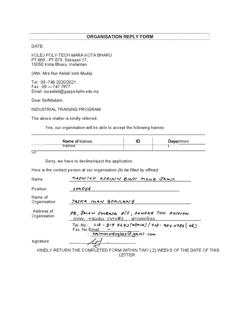 Organisation Reply Form - Nur Alia Adliena | PDF