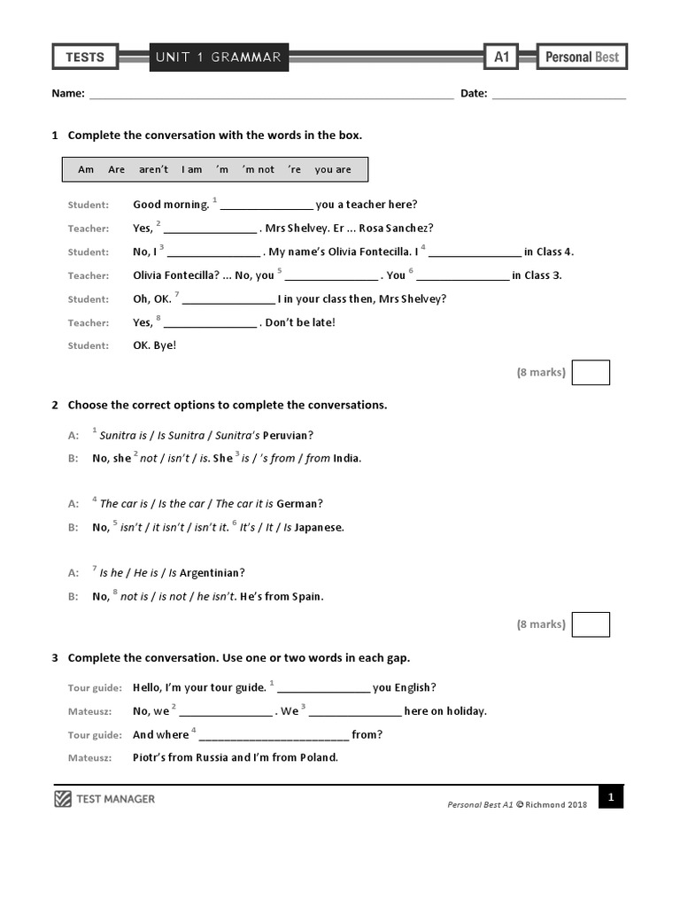 Personal Best A1 Unit 1 Grammar Test | Download Free PDF | Linguistics