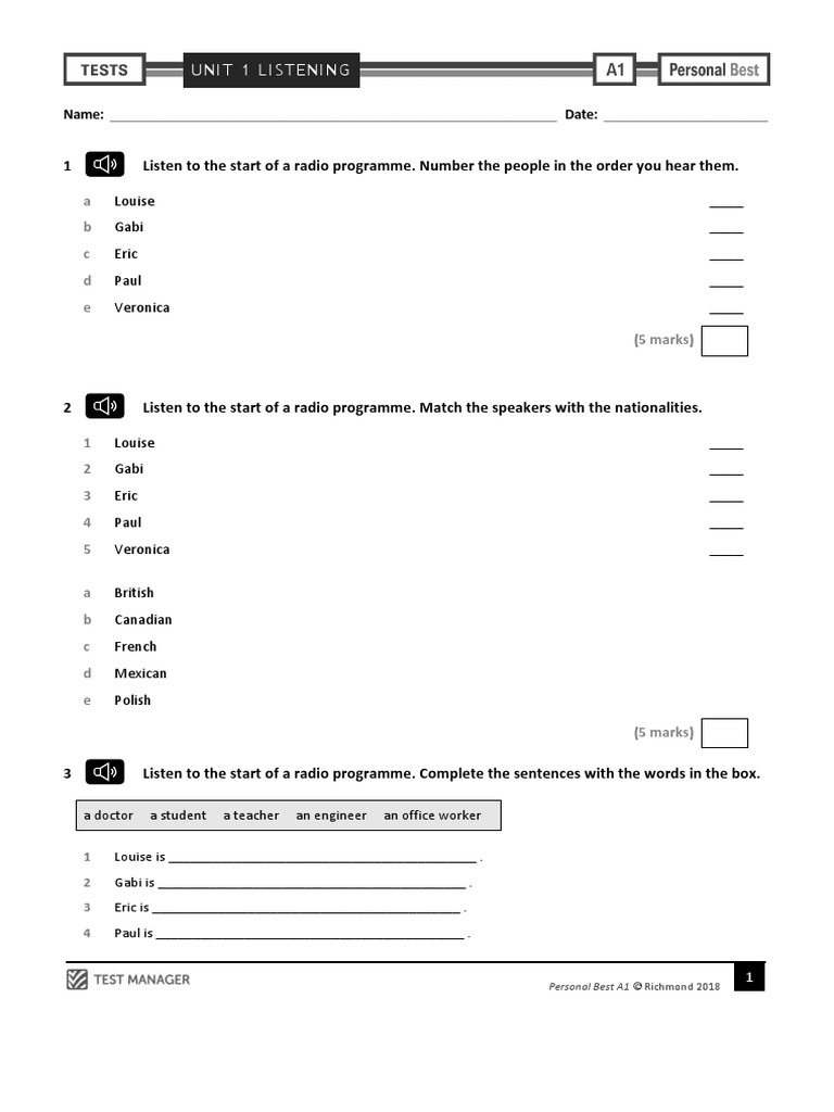 Personal_Best_A1_Unit_1_Listening_test | PDF | Linguistics