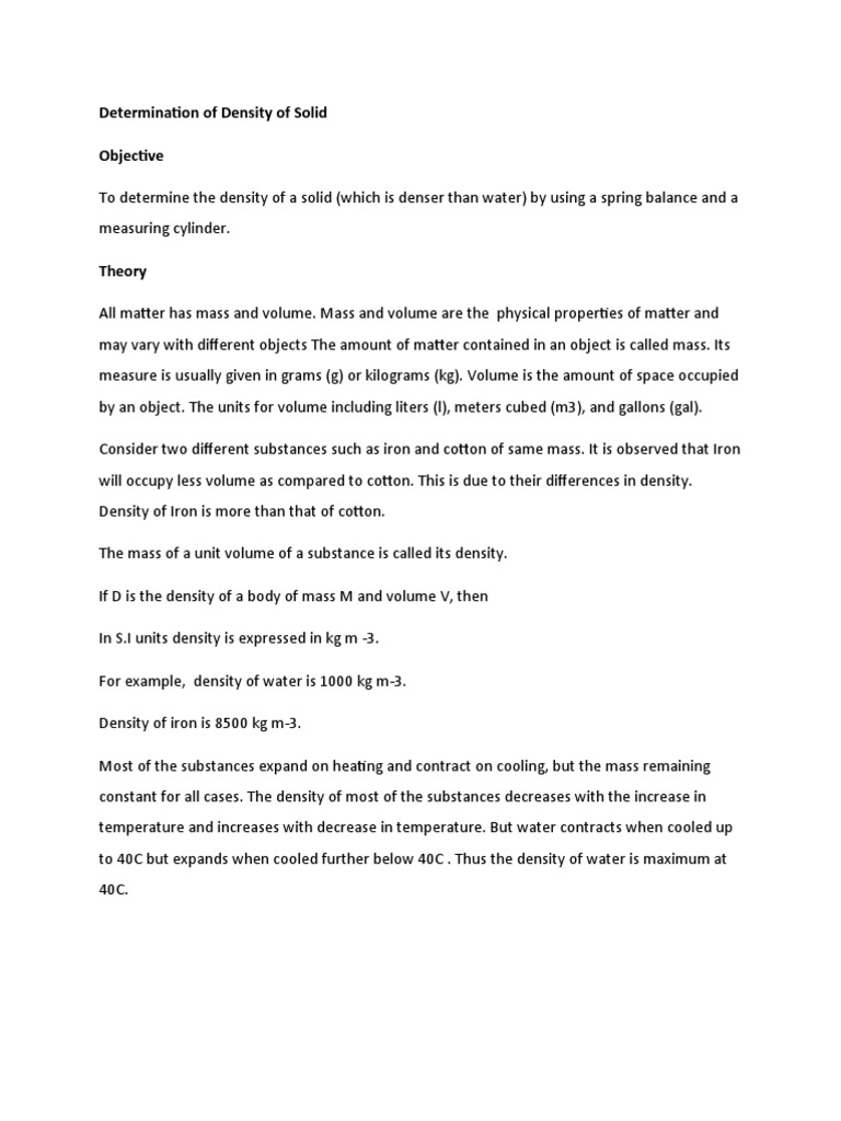 Determination of Density of Solid | PDF | Science & Mathematics