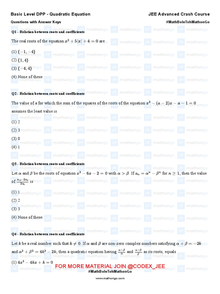 Quadratic Equations Basic Level Questions | PDF | Quadratic Equation ...