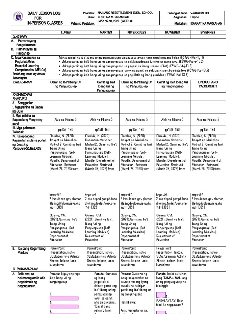 DLL Filipino-5 Q4 W3 | PDF