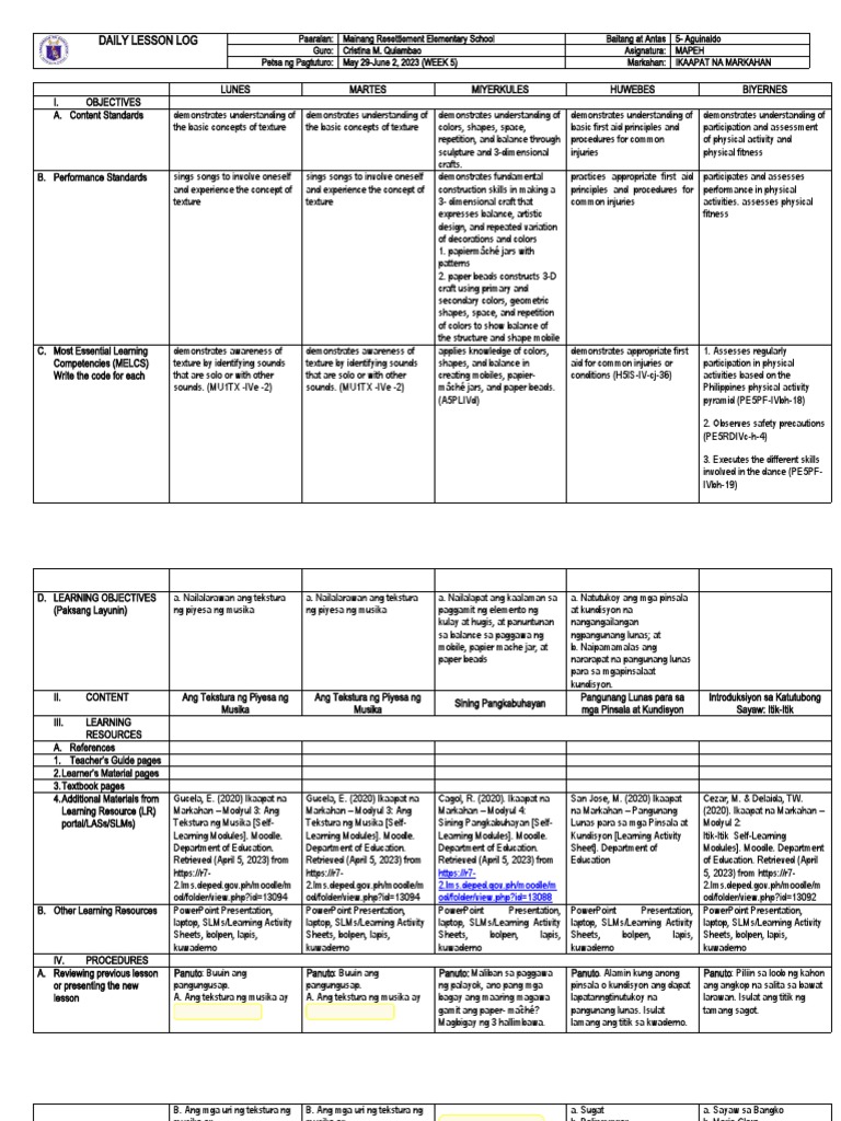 DLL Mapeh-5 Q4 W5 | PDF