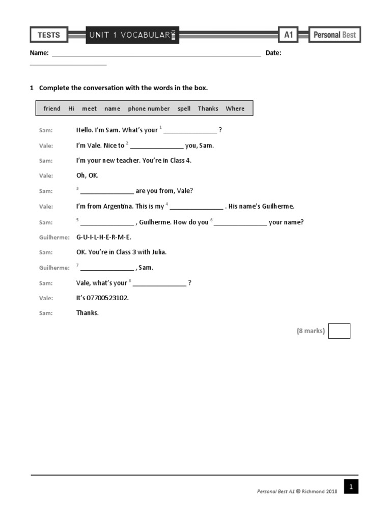 Personal Best A1 Unit 1 Vocab Test | Download Free PDF | Linguistics
